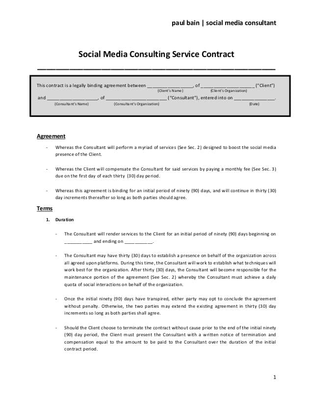 4+ Social Media Contract Templates - Word Excel Samples 4+ Social Media Contract Templates - Word Excel Samples